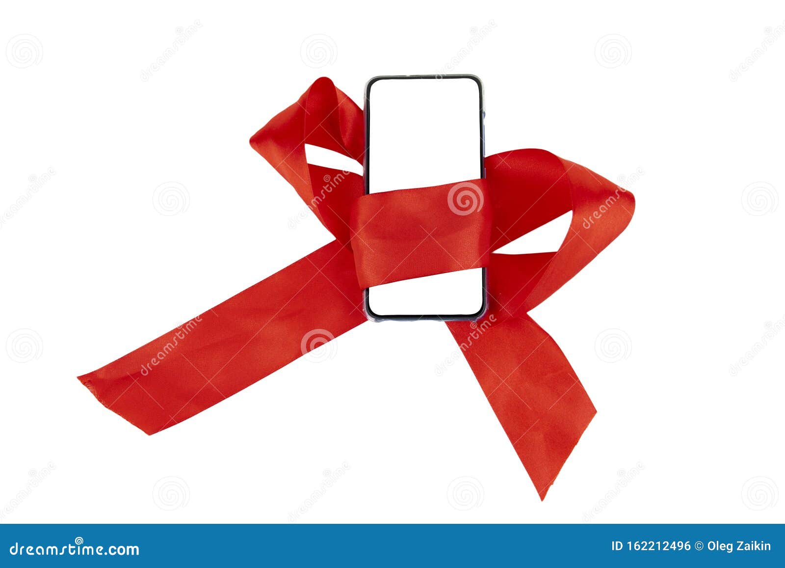 Present. Phone with a Red Ribbon on a White Background. Stock Photo ...