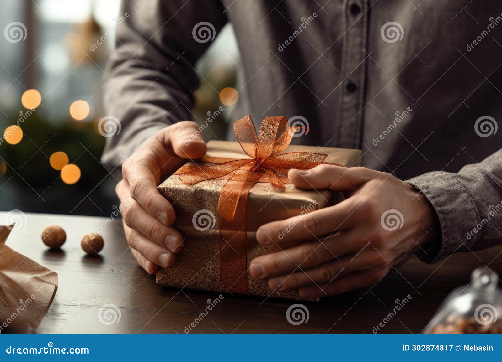 Present on the Table - Hands Grasping a Wrapped Gift Stock Image ...