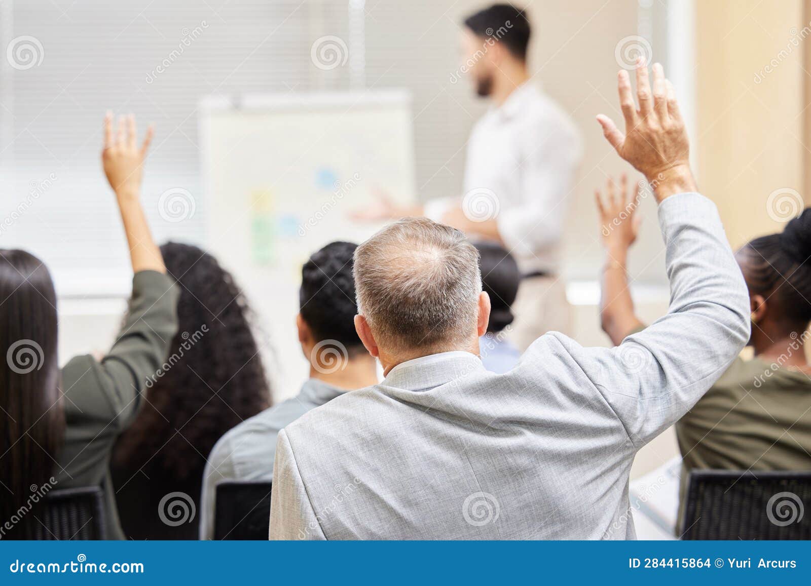Presentation, Audience and Business People Hands for Questions in ...