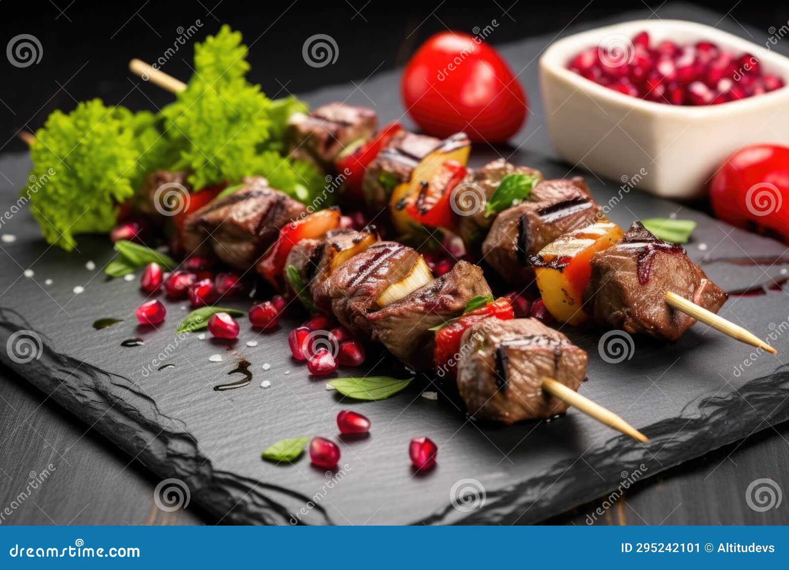Presentation of Lamb Kebabs and Pomegranate Seeds on a Slate Board ...
