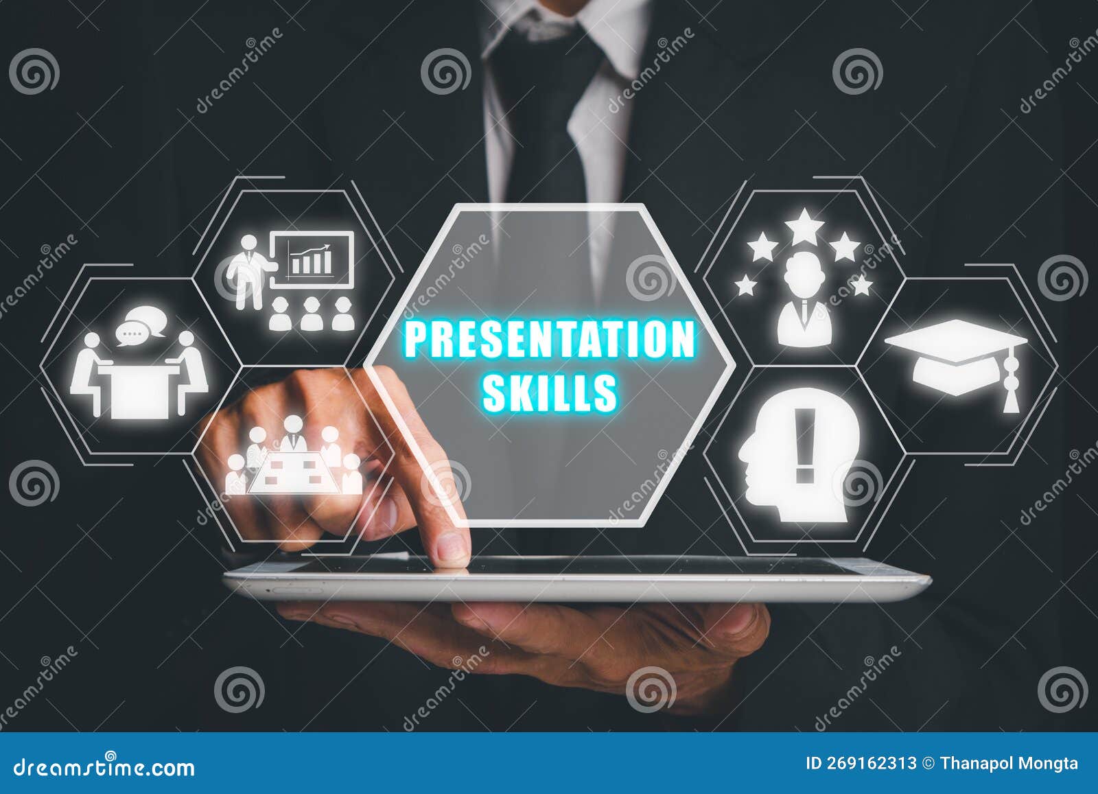 Person Hand Using Digital Tablet with Presentation Skills Icon on ...