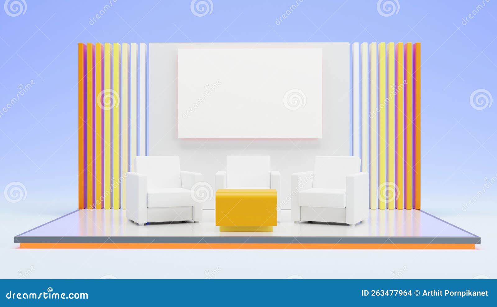 Presentation Stage Talk Show Backdrop with Table Sofa on Pastel ...