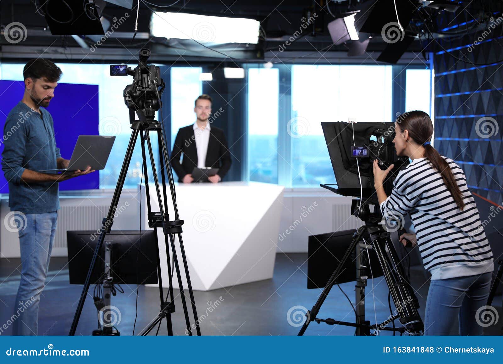 Presenter, Director and Video Camera Operator Working. News ...