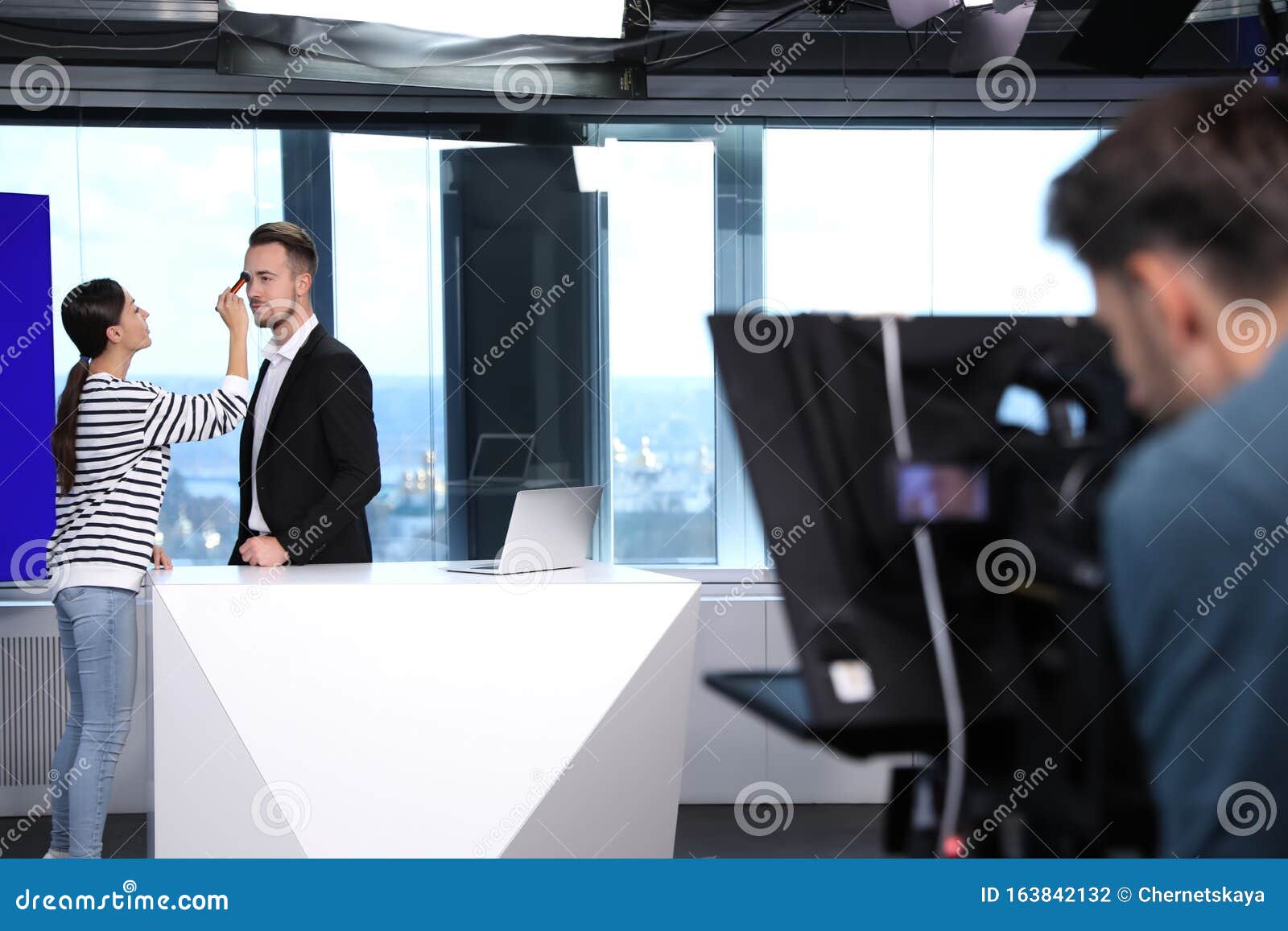 Presenter, Makeup Artist and Video Camera Operator Working. News ...