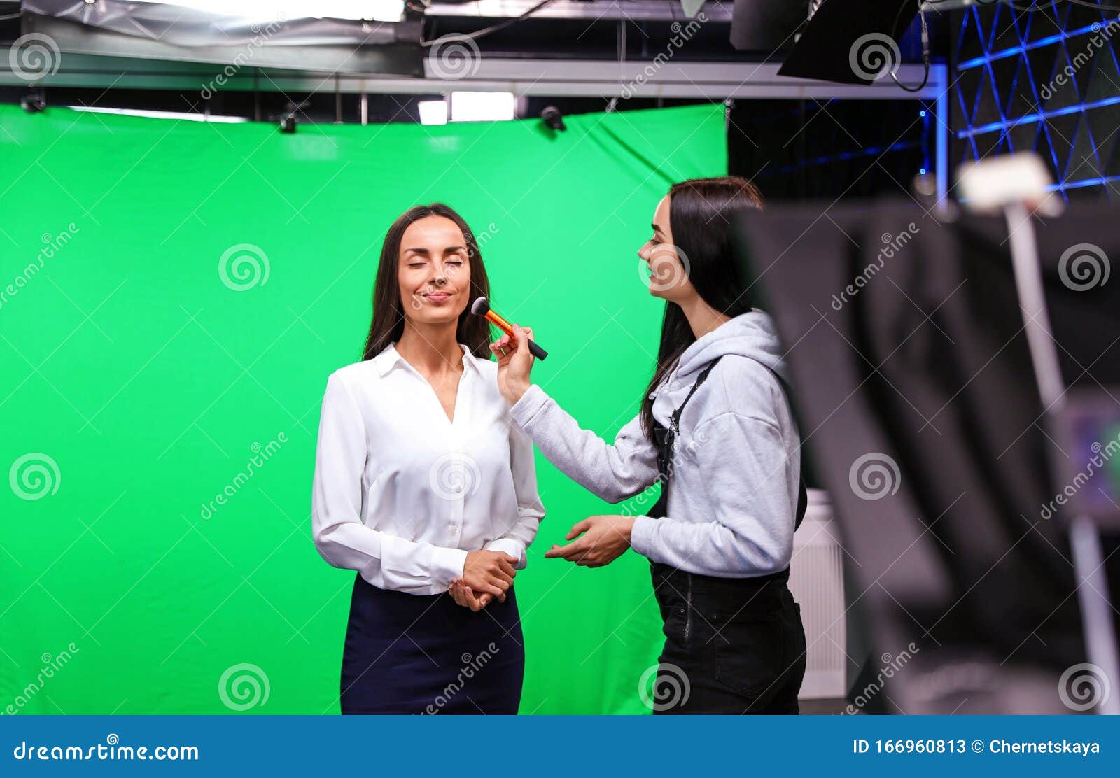 Presenter, Makeup Artist and Video Camera Operator Working. News ...