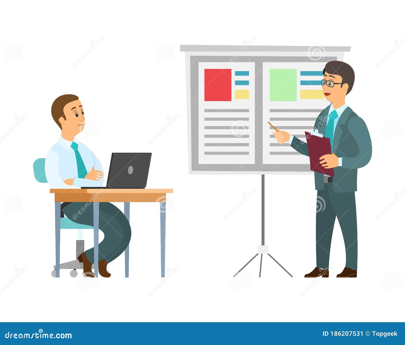 Presenter With Whiteboard And Infographics Charts Vector Illustration ...