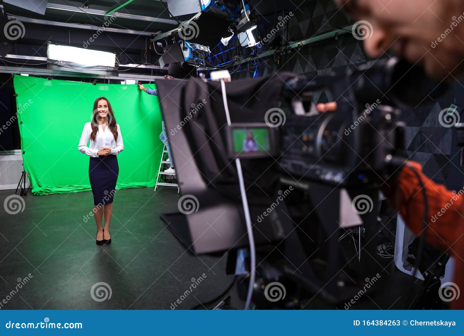 Presenter and Video Camera Operator Working. News Broadcasting Stock ...