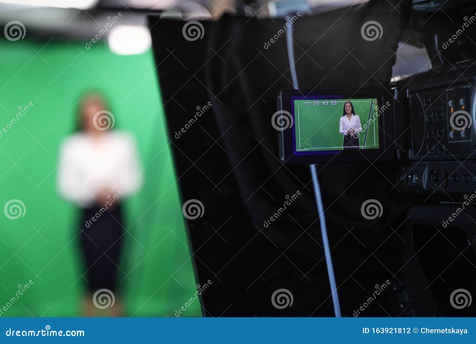 Presenter Working in Studio, Focus on Camera Screen Stock Photo - Image ...