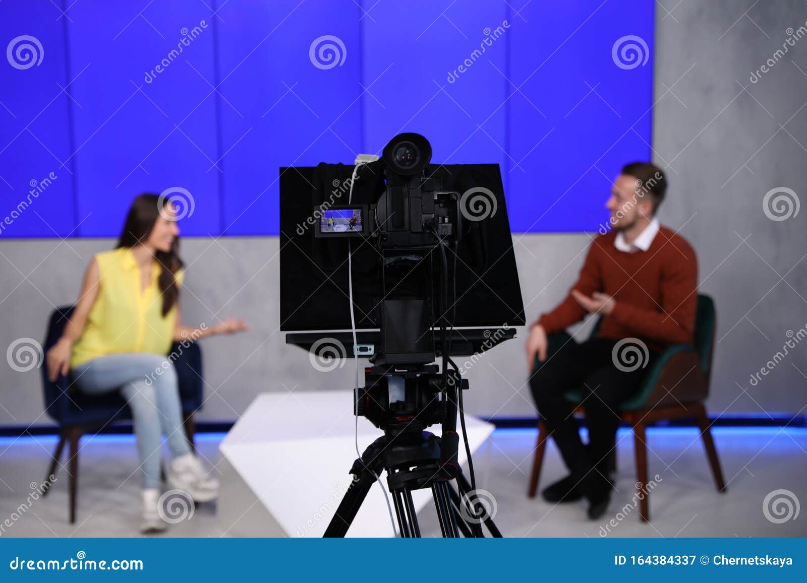 Presenters Working in Studio, Focus on Camera Stock Image - Image of ...