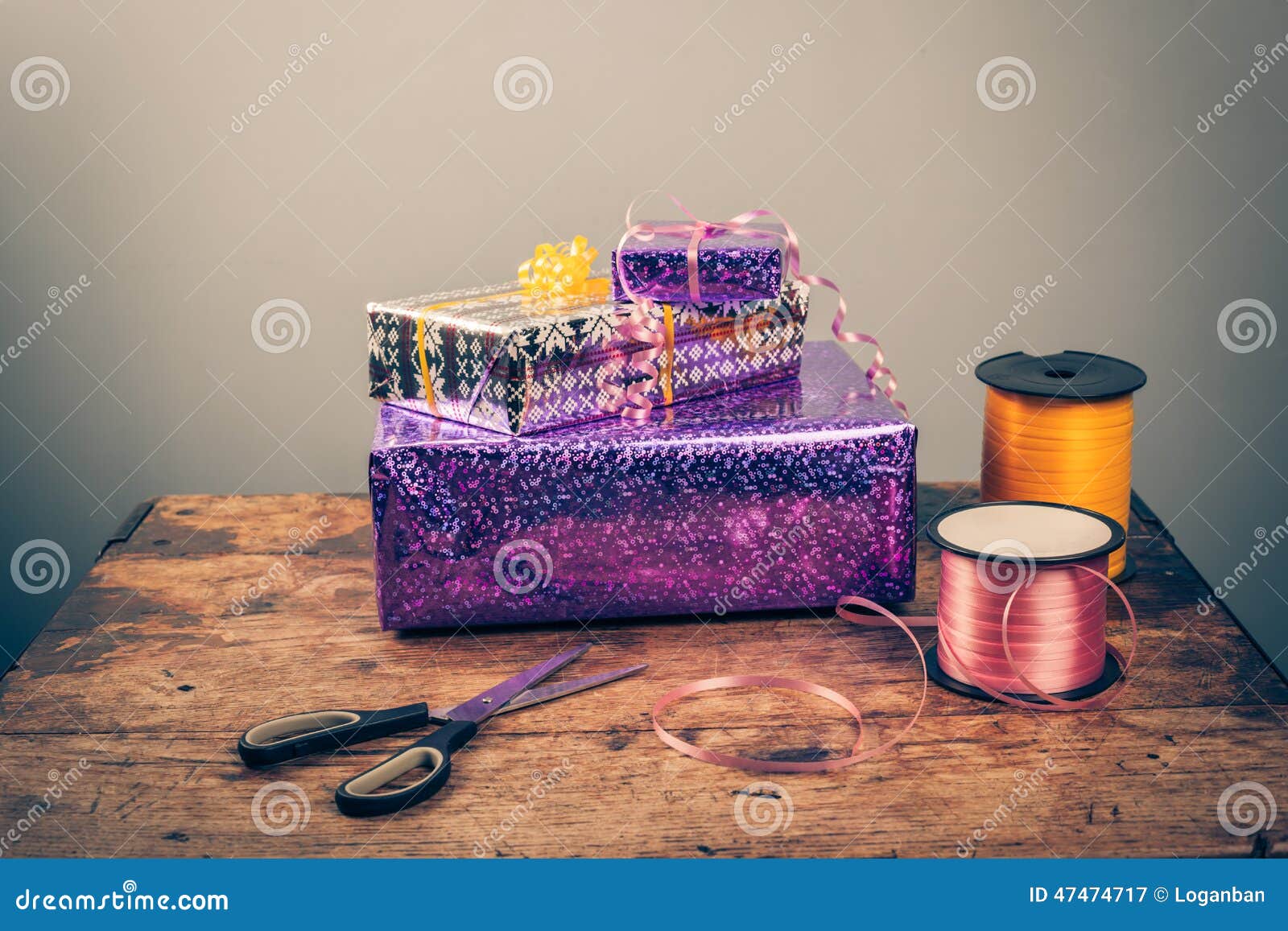 Presents on a wooden table stock image. Image of craft - 47474717