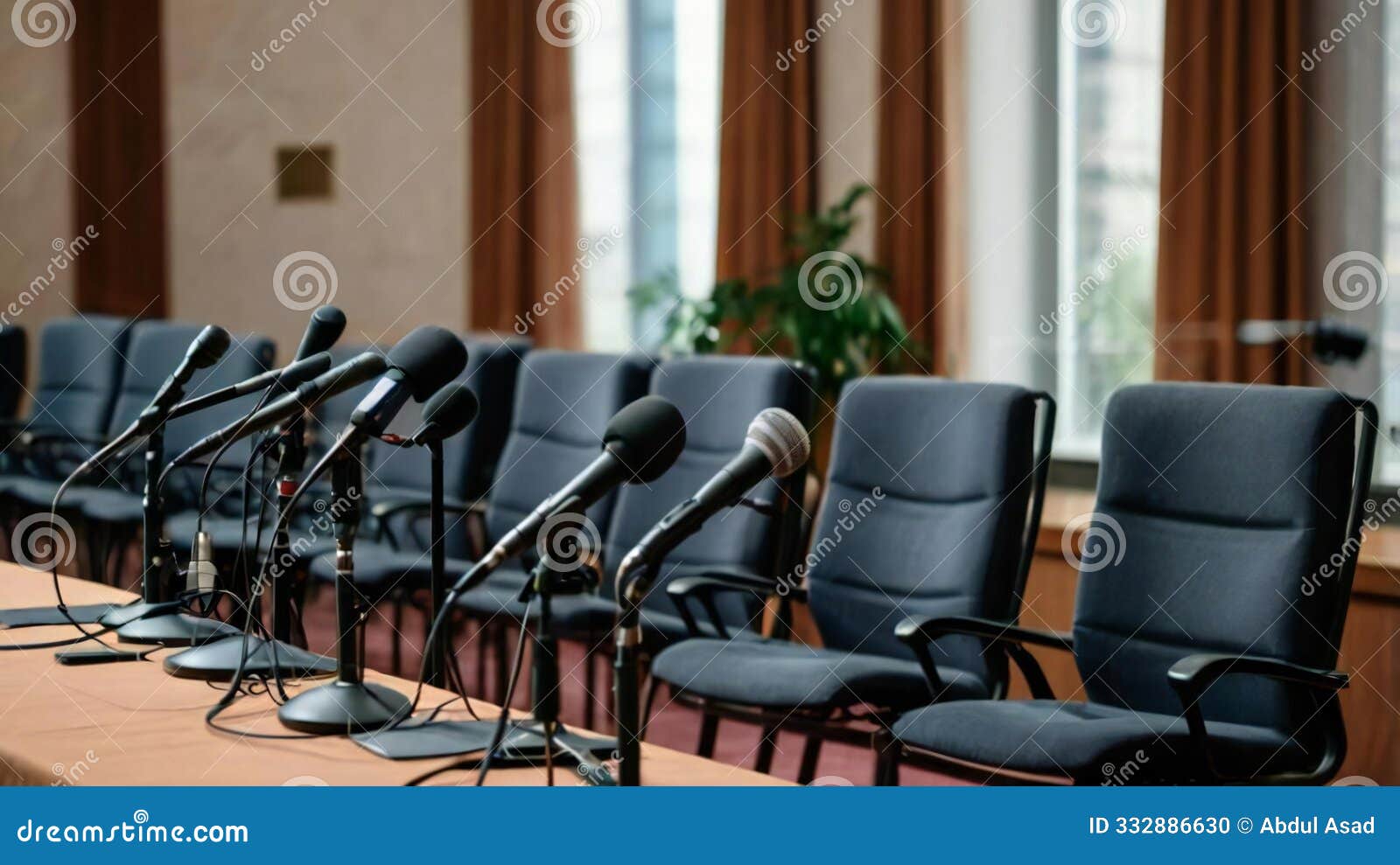 Press Conference Table with Microphones Equipment, Empty Chairs ...