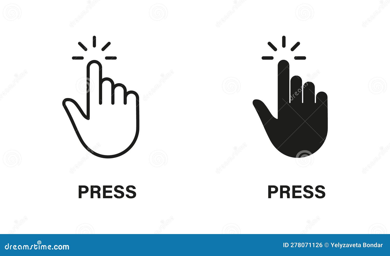 Press Gesture, Hand Cursor For Computer Mouse Line And Silhouette Black ...