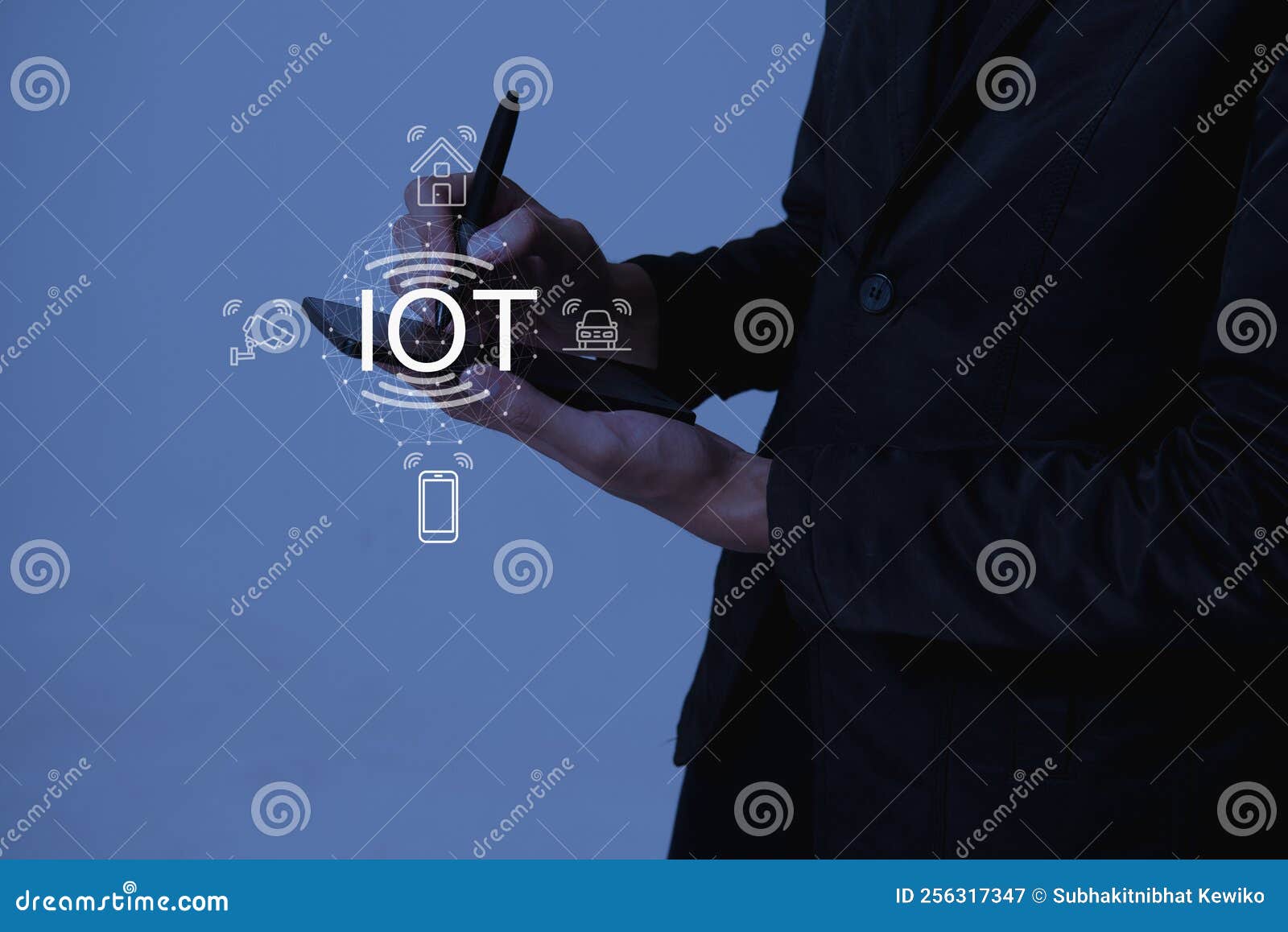 Press Iot Solutions With Symbols Connected To Common Iot Icons Smart Home Cars Cctv Stock