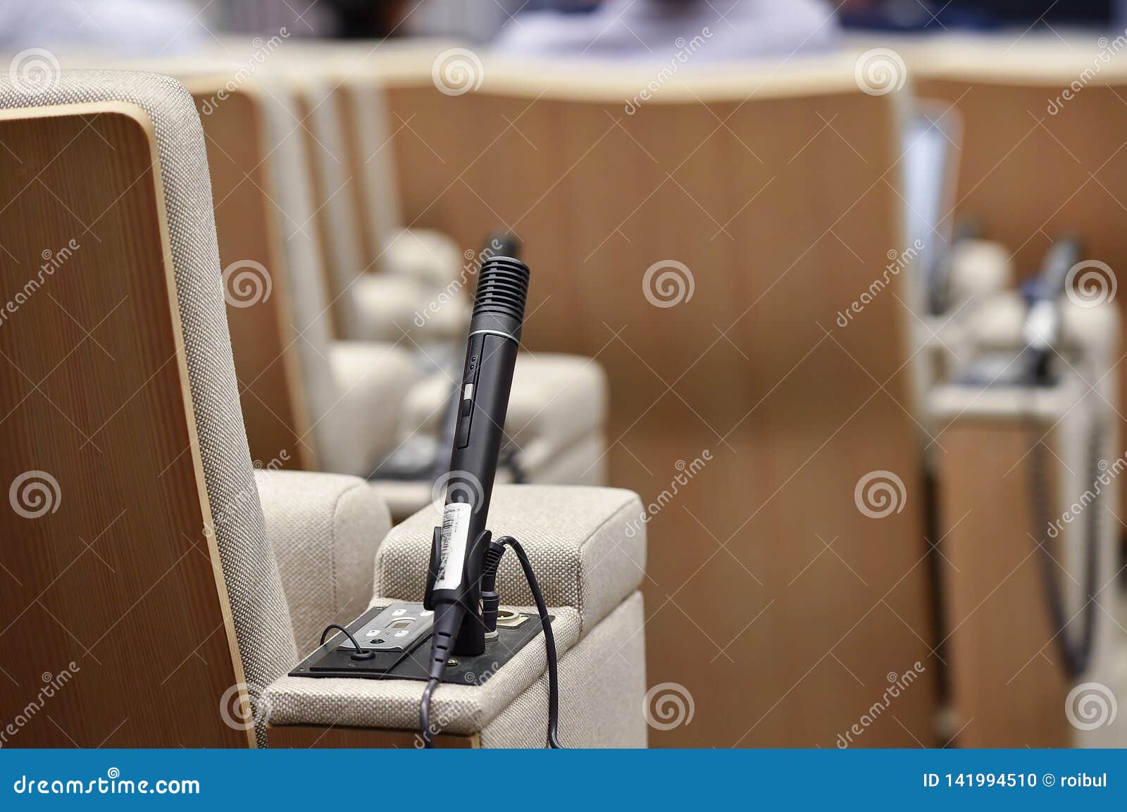 Press Microphone in a Conference Room Stock Photo - Image of electronic ...