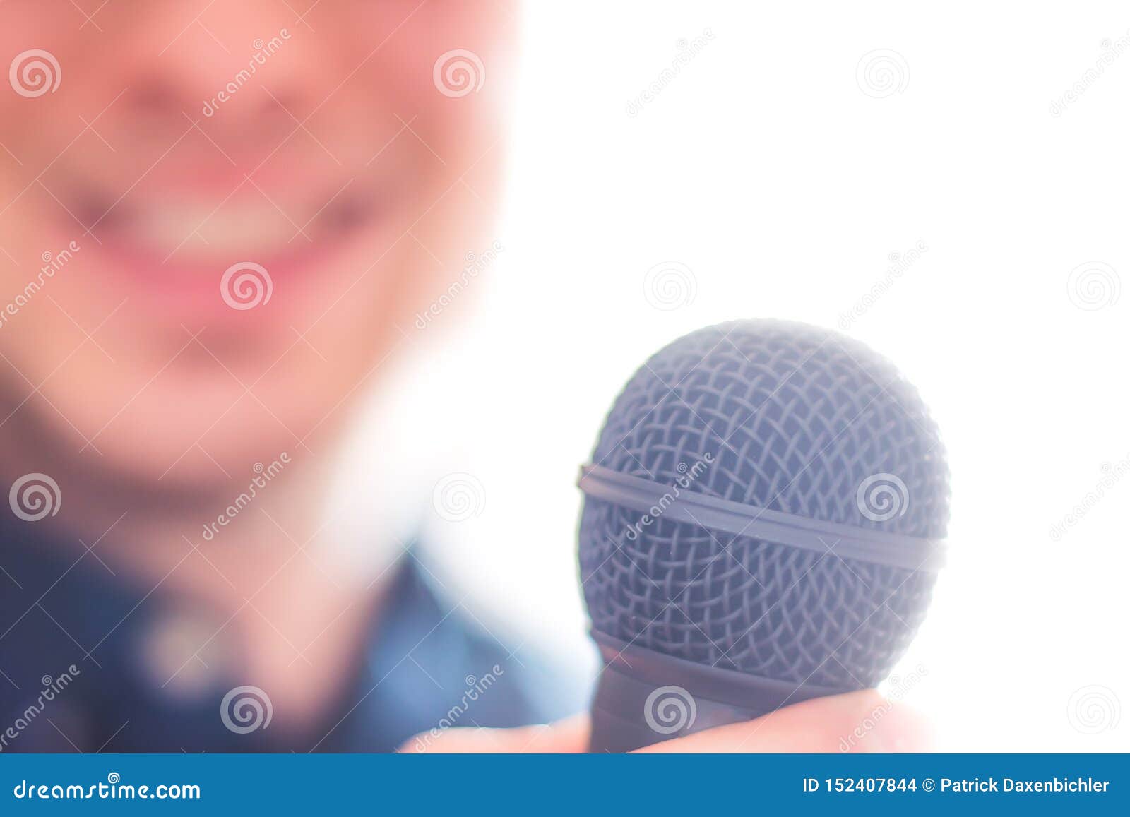 Press Officer is Speaking into a Microphone and Giving an Interview ...