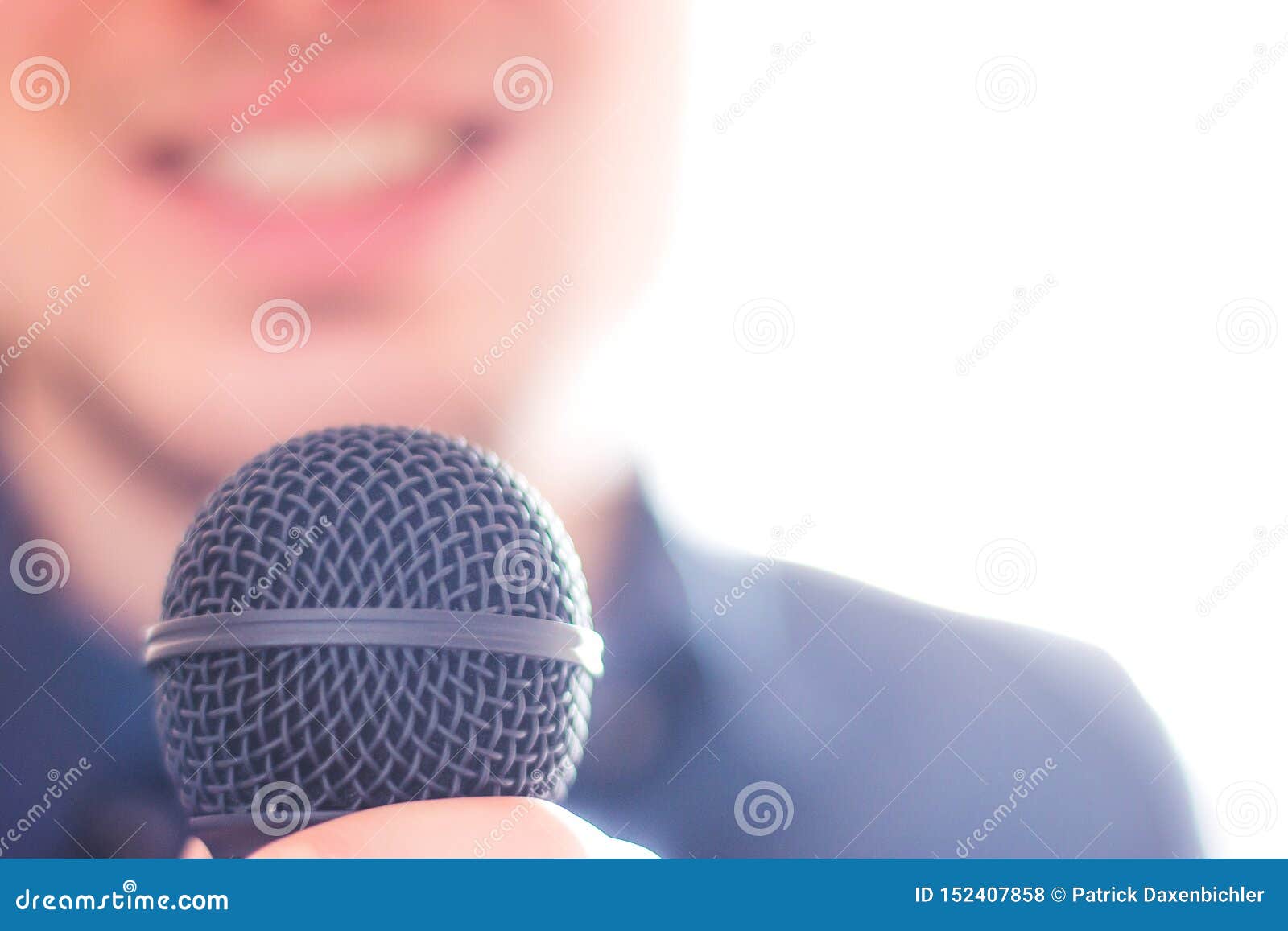 Press Officer is Speaking into a Microphone and Giving an Interview ...