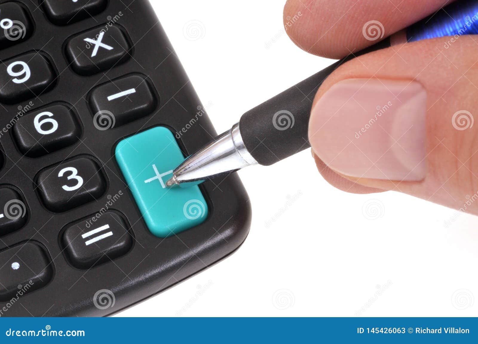 Press with a Pen on the Key More Than One Calculator Stock Image ...