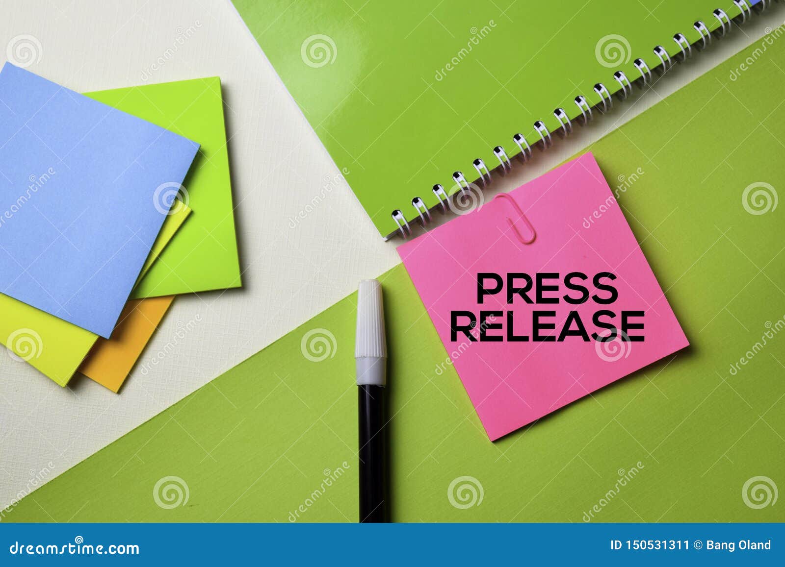 Press Release Text on Top View Office Desk Table of Business Workplace ...