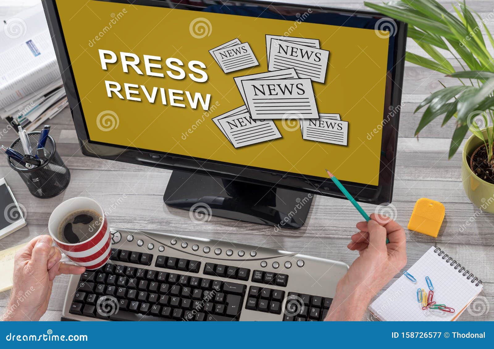 Press Review Concept on a Computer Stock Image - Image of newspaper ...