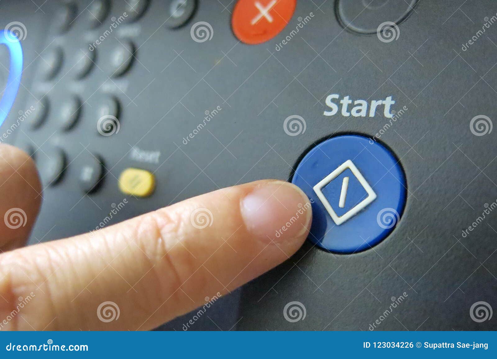 Pressing a Blue Start Button Stock Photo - Image of pressing, office ...