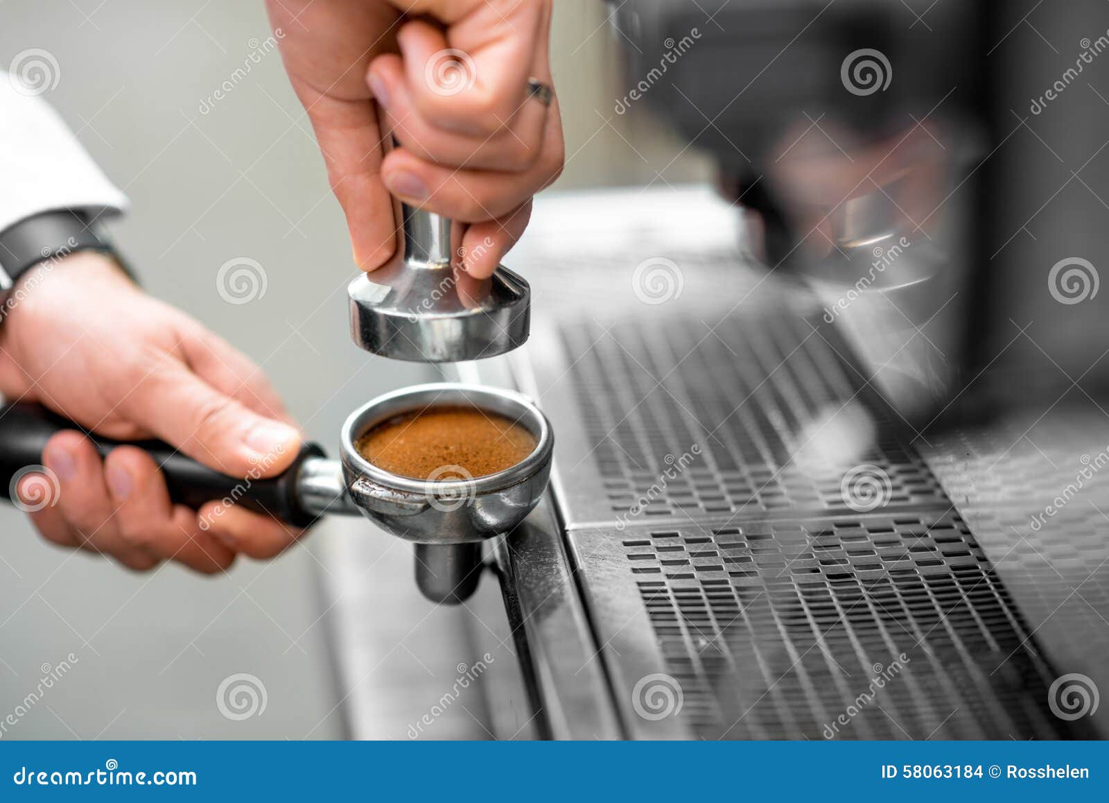 Pressing Coffee in the Machine Holder Stock Photo - Image of metal ...