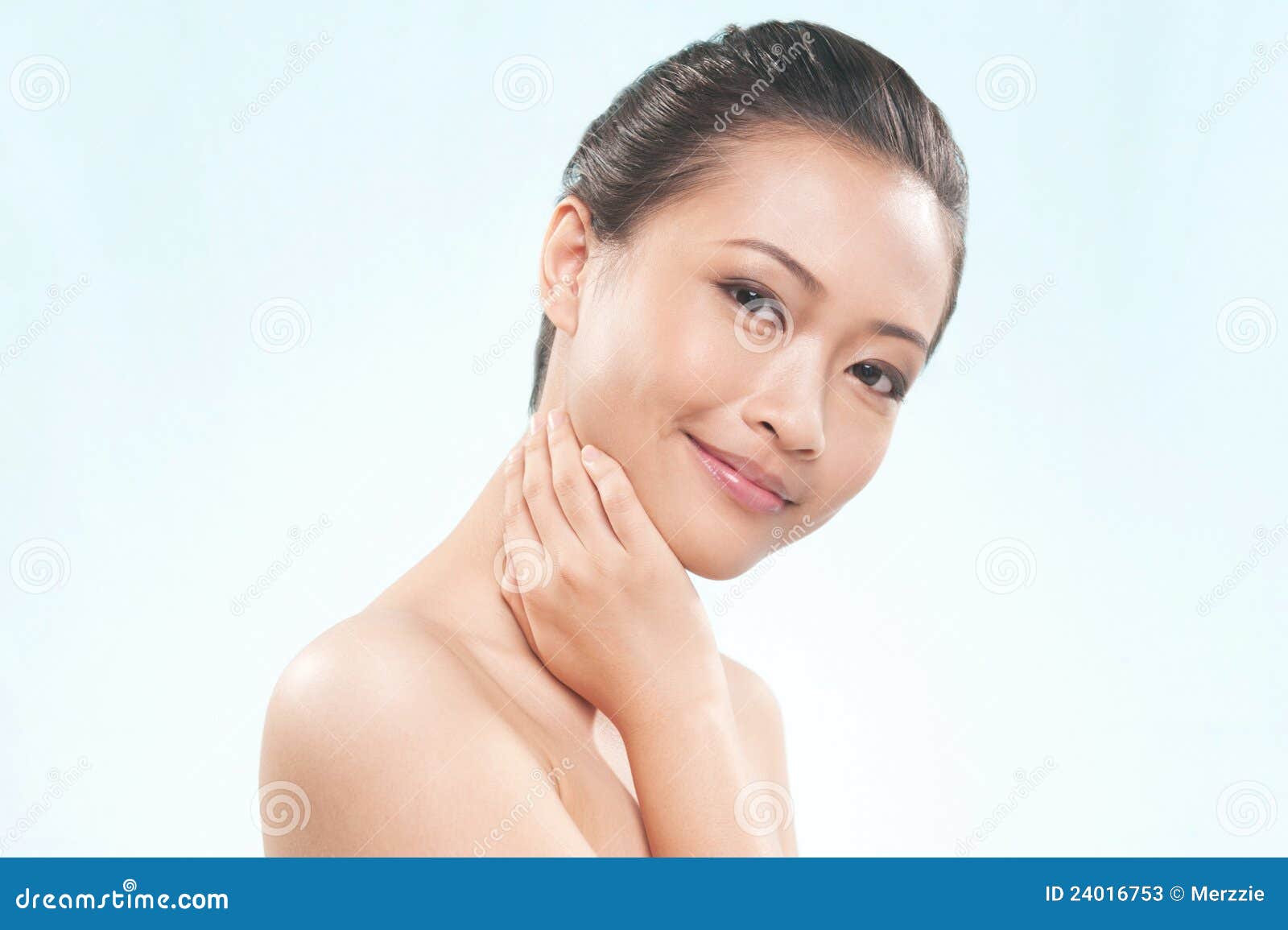 Pretty Asian Female Smiling Touching Her Neck Stock Image - Image of ...