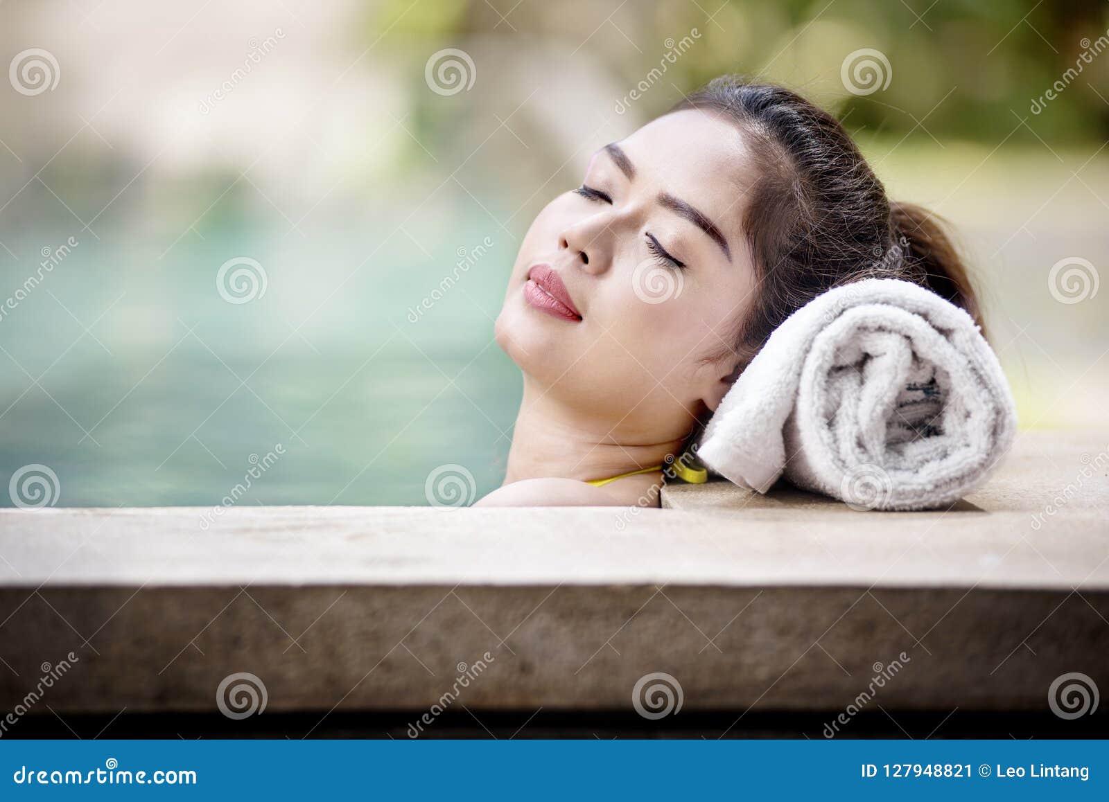 Pretty Asian Woman Lying On The Poolside Stock Image Image Of Happy