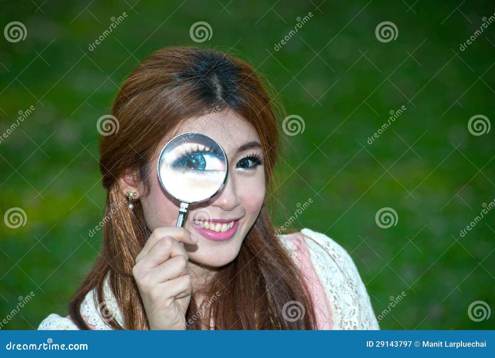 Pretty Asian Woman Posing with Magnifying Glass . Stock Image - Image ...