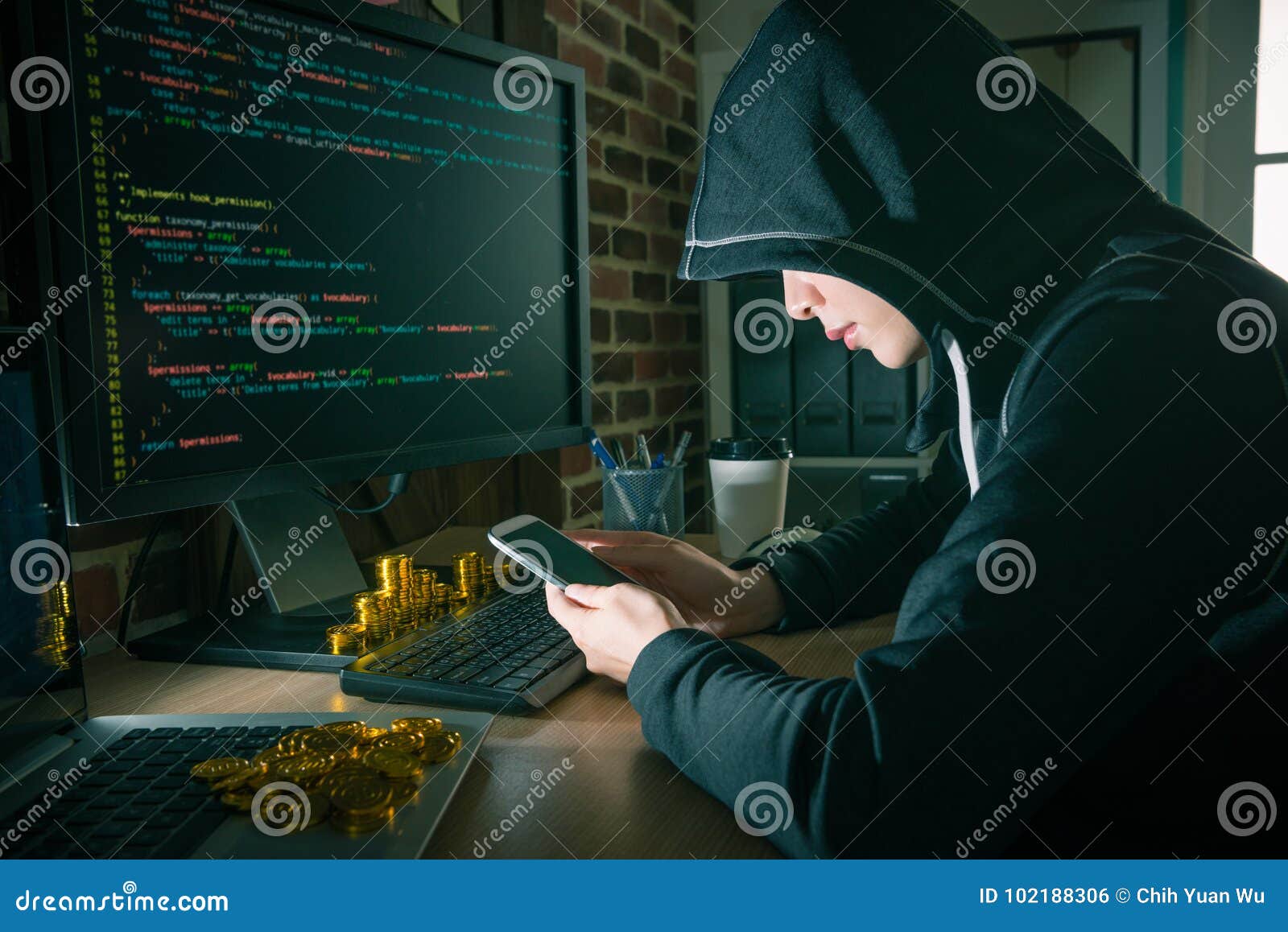 Attractive Woman Hacker Using Mobile Smartphone Stock Photo - Image of ...