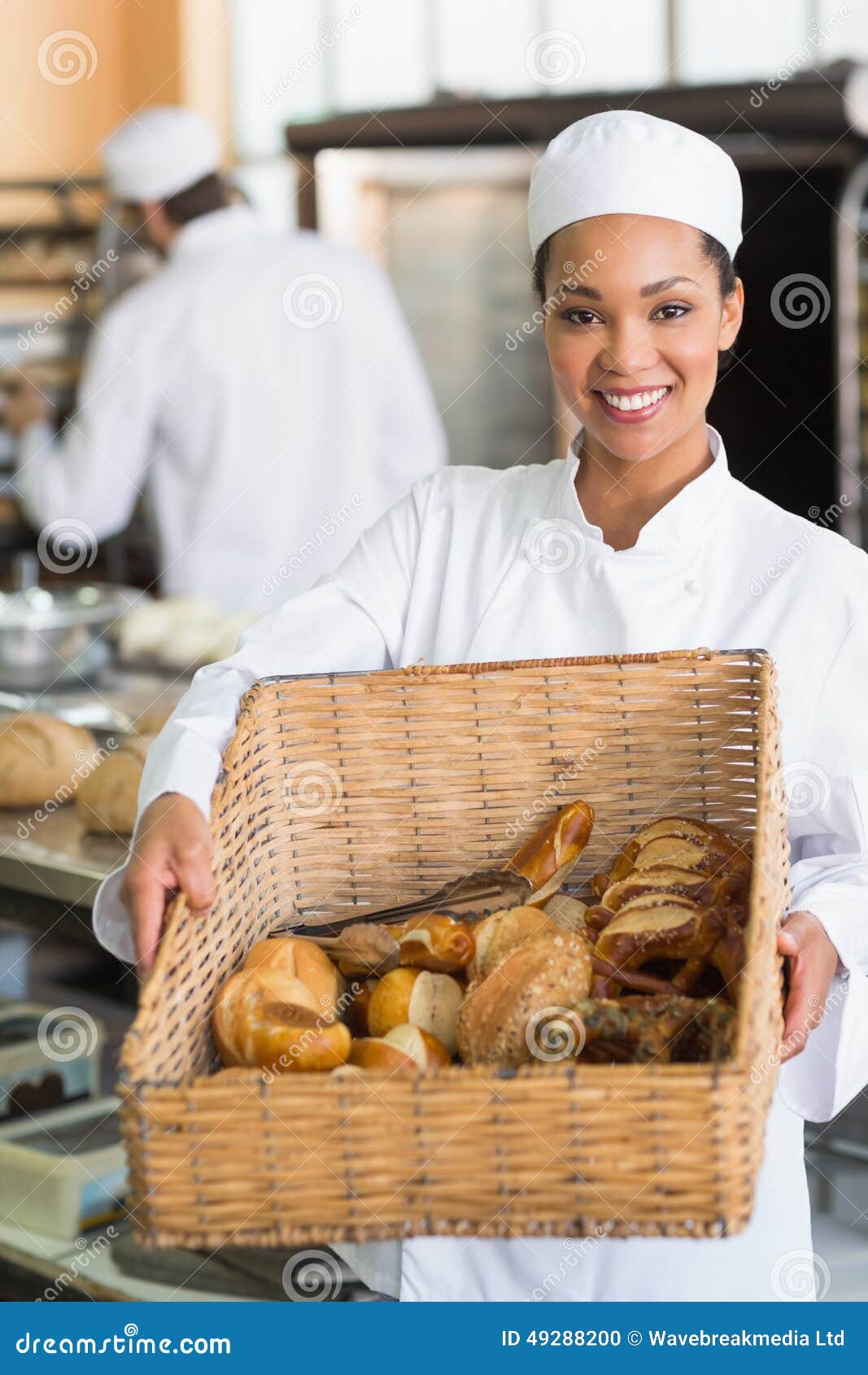 Pretty Baker Showing Basket of Bread Stock Photo - Image of drink ...