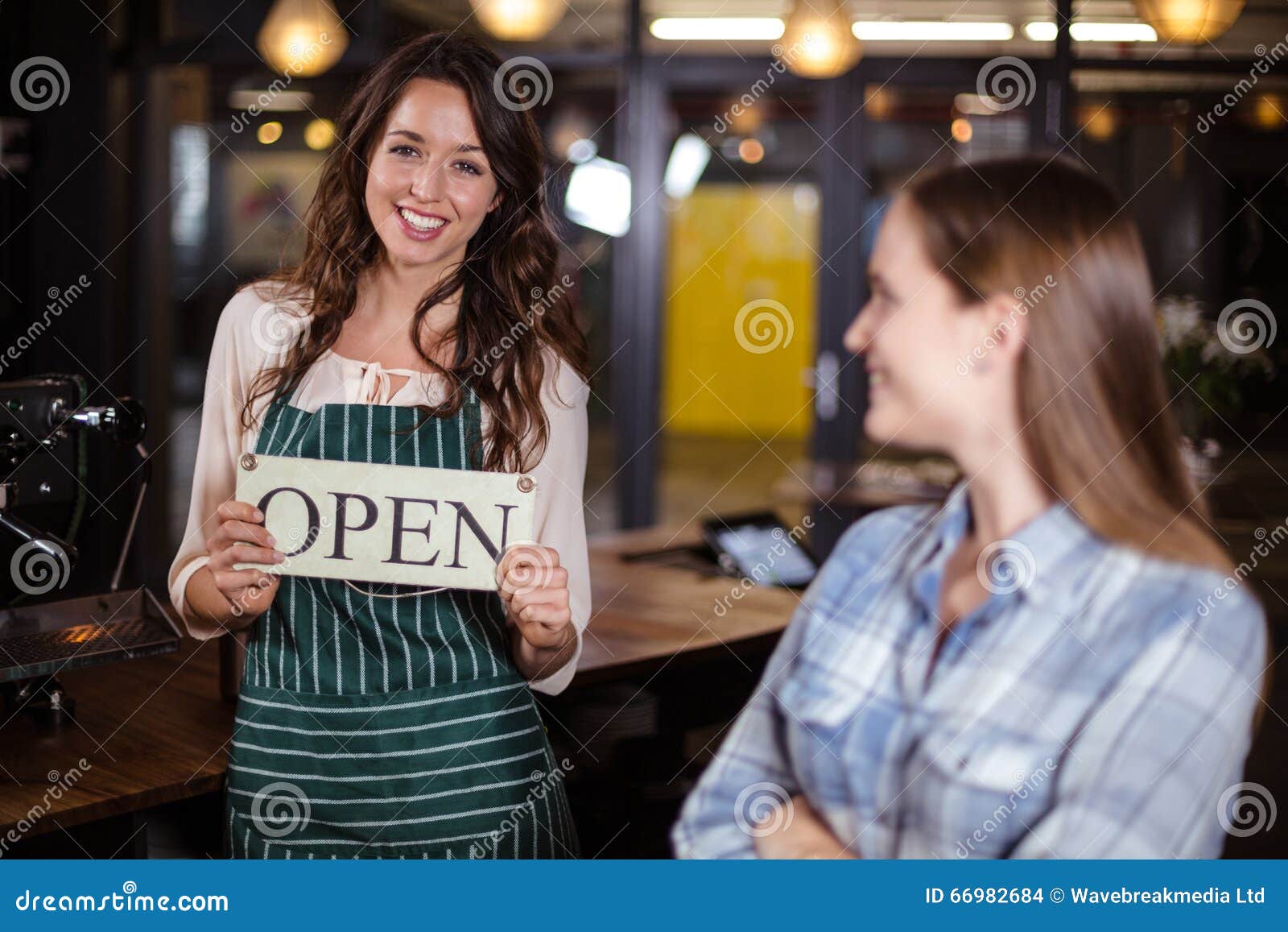 Pretty Barista Holding Open Sign Stock Photo - Image of preparation ...