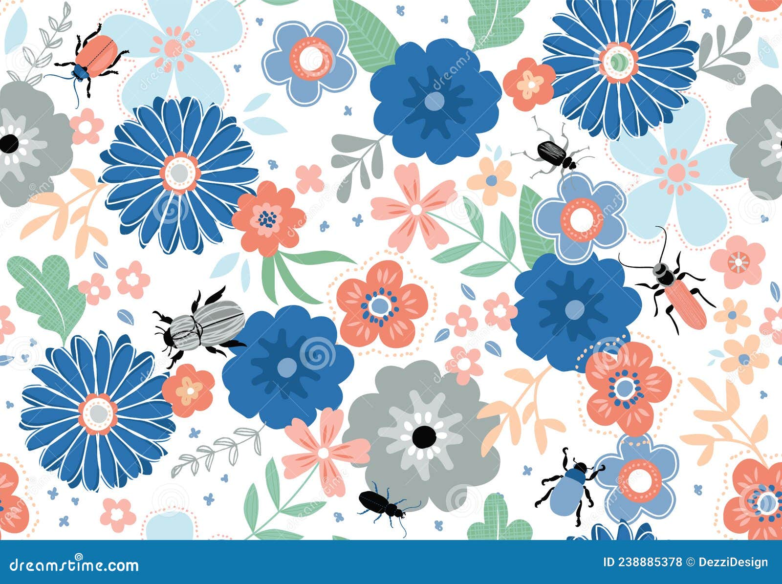 Beetle Bugs Floral Seamless Vector Pattern Stock Vector - Illustration ...