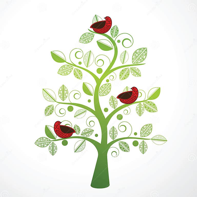 Pretty Bird in a Decorative Tree Stock Vector - Illustration of flora ...