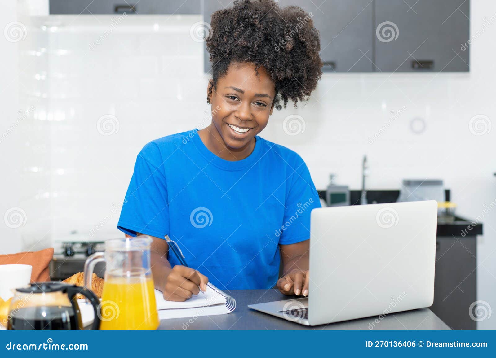 Pretty Black Woman with Computer Writing Notes Stock Photo - Image of ...