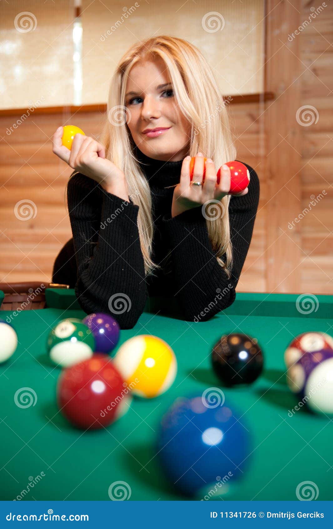 Pretty Blond Girl with Billiard Balls Stock Photo - Image of bars ...