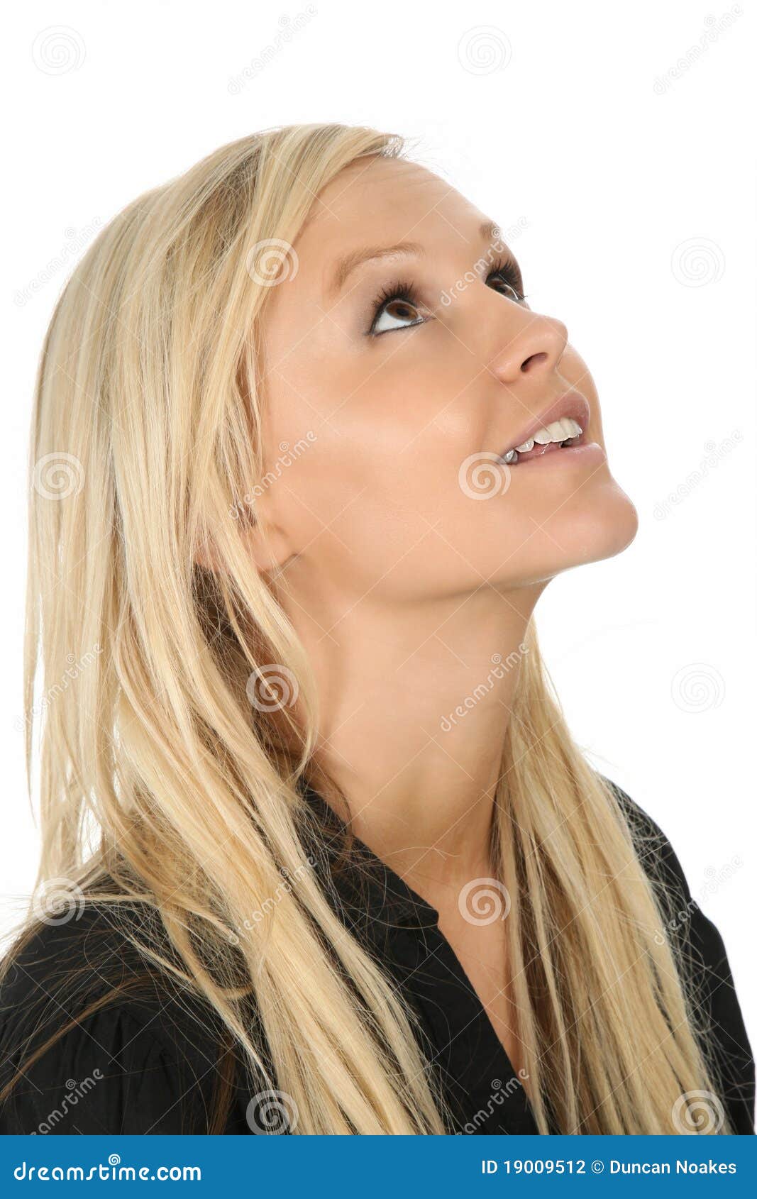 Pretty Blond Woman Looking Upwards Stock Photo - Image of lips, fashion ...