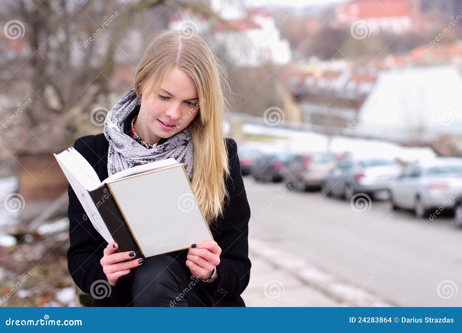 Pretty Blond Woman Reading a Book Outdoors Stock Photo - Image of alone ...