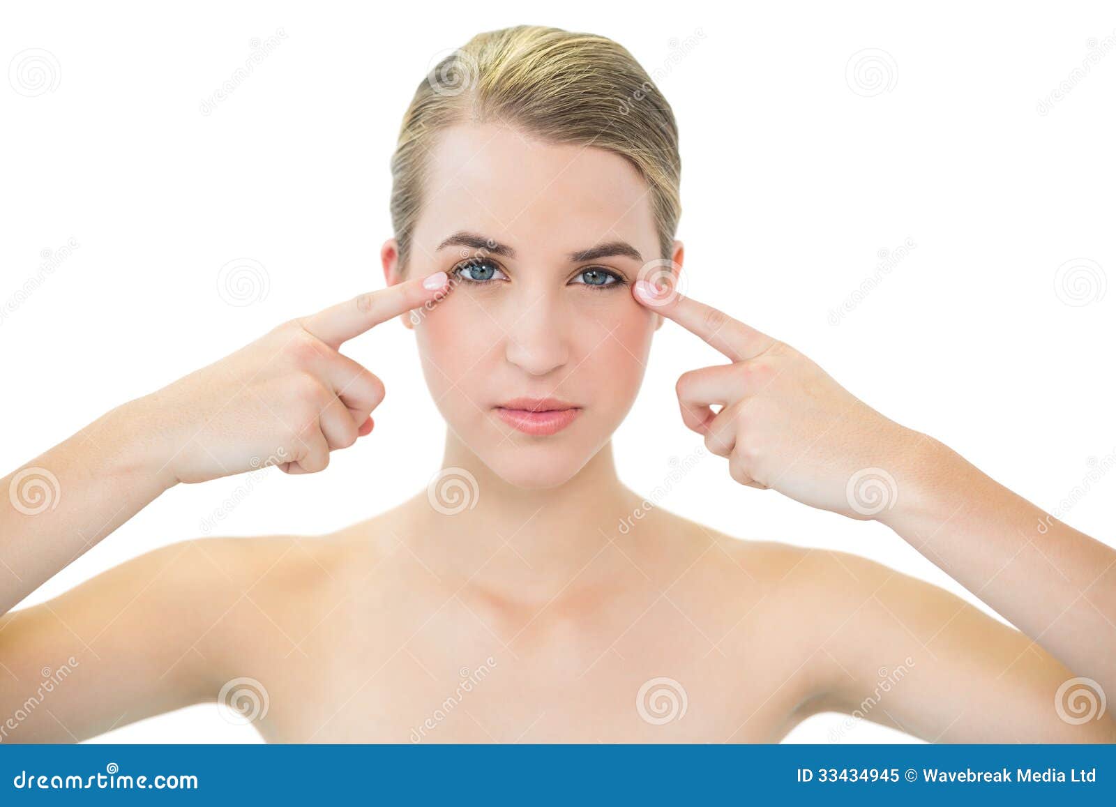 Pretty Blonde Pointing at Her Crows Feet Stock Image - Image of pure ...