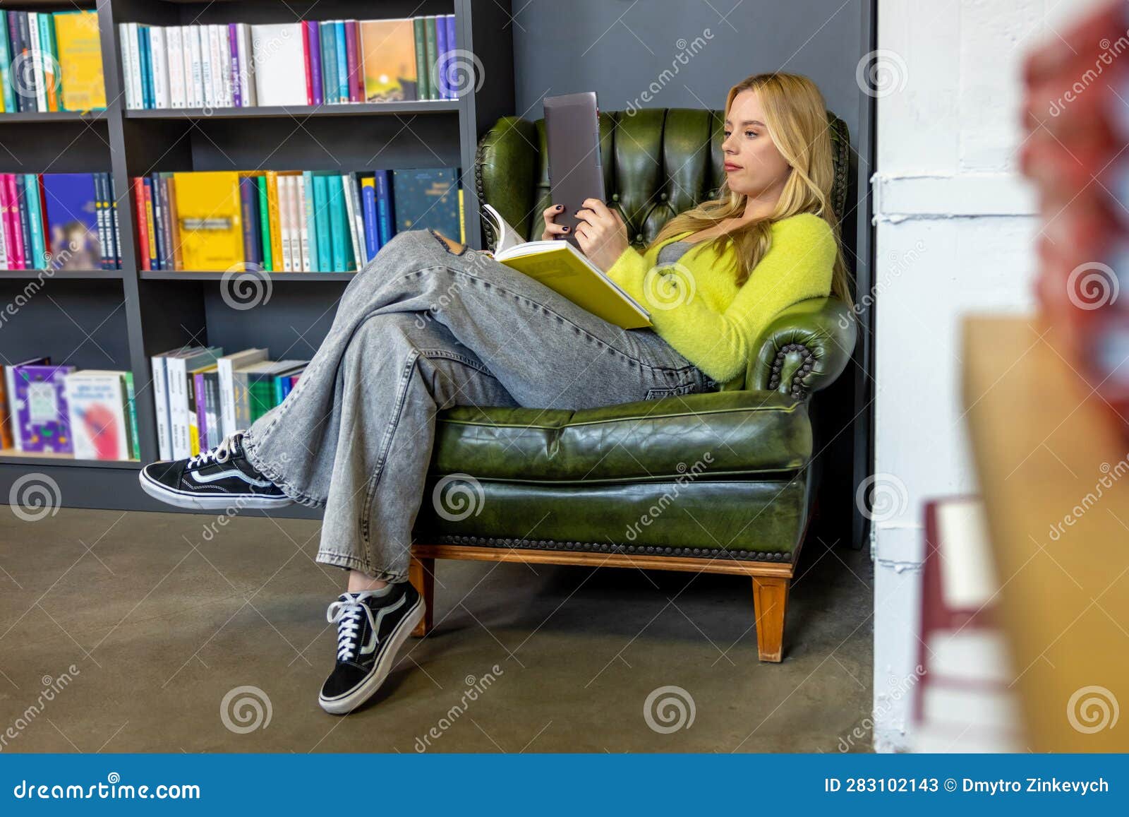 Pretty Blonde Woman Stusying in the Library Stock Image - Image of ...