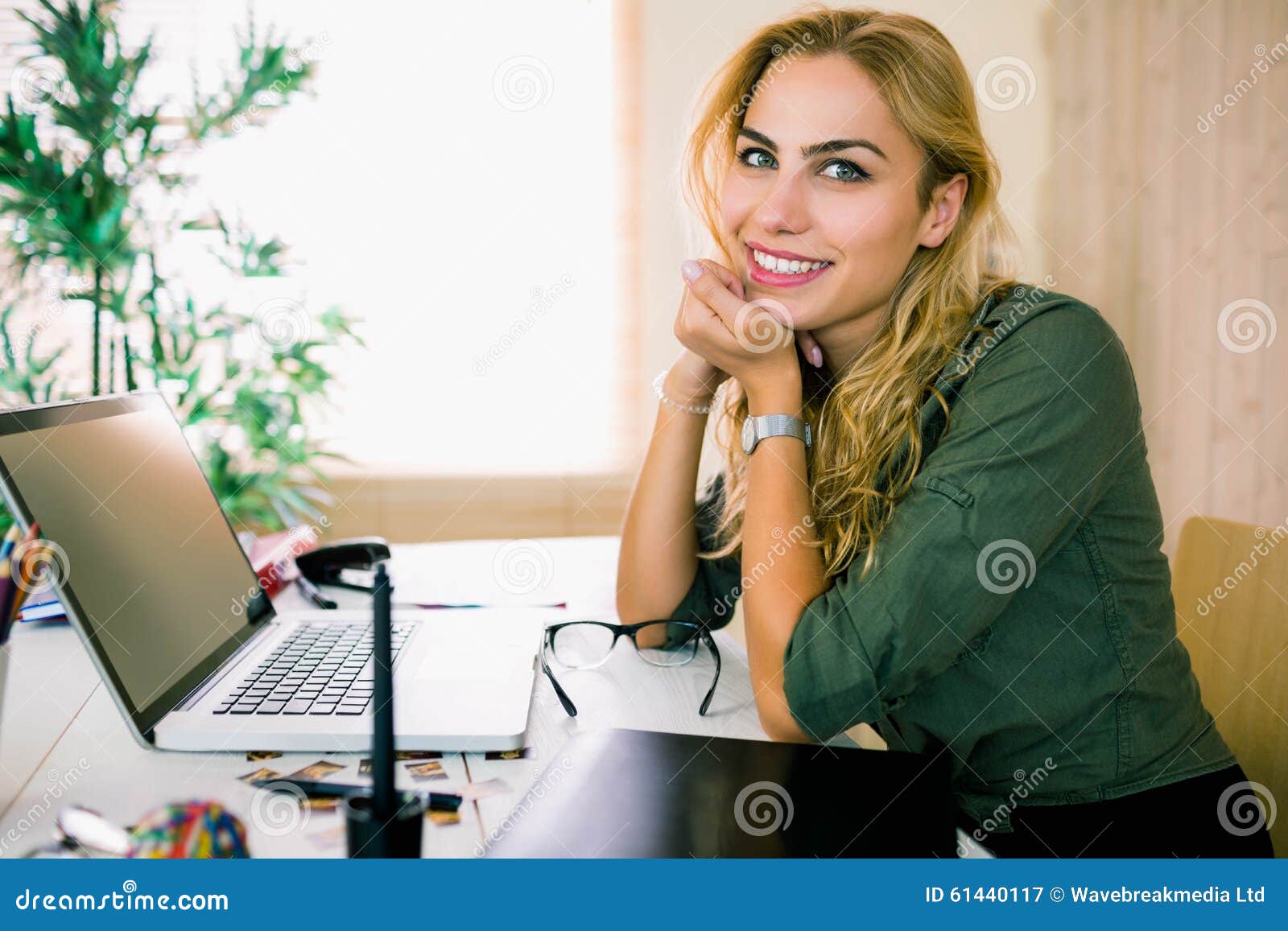 Pretty Blonde Working at Desk Stock Image - Image of computer, office ...