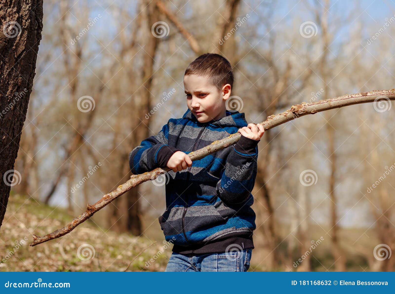 Pretty Boy Playing with a Stick in the Spring Forest in the Fresh Air ...