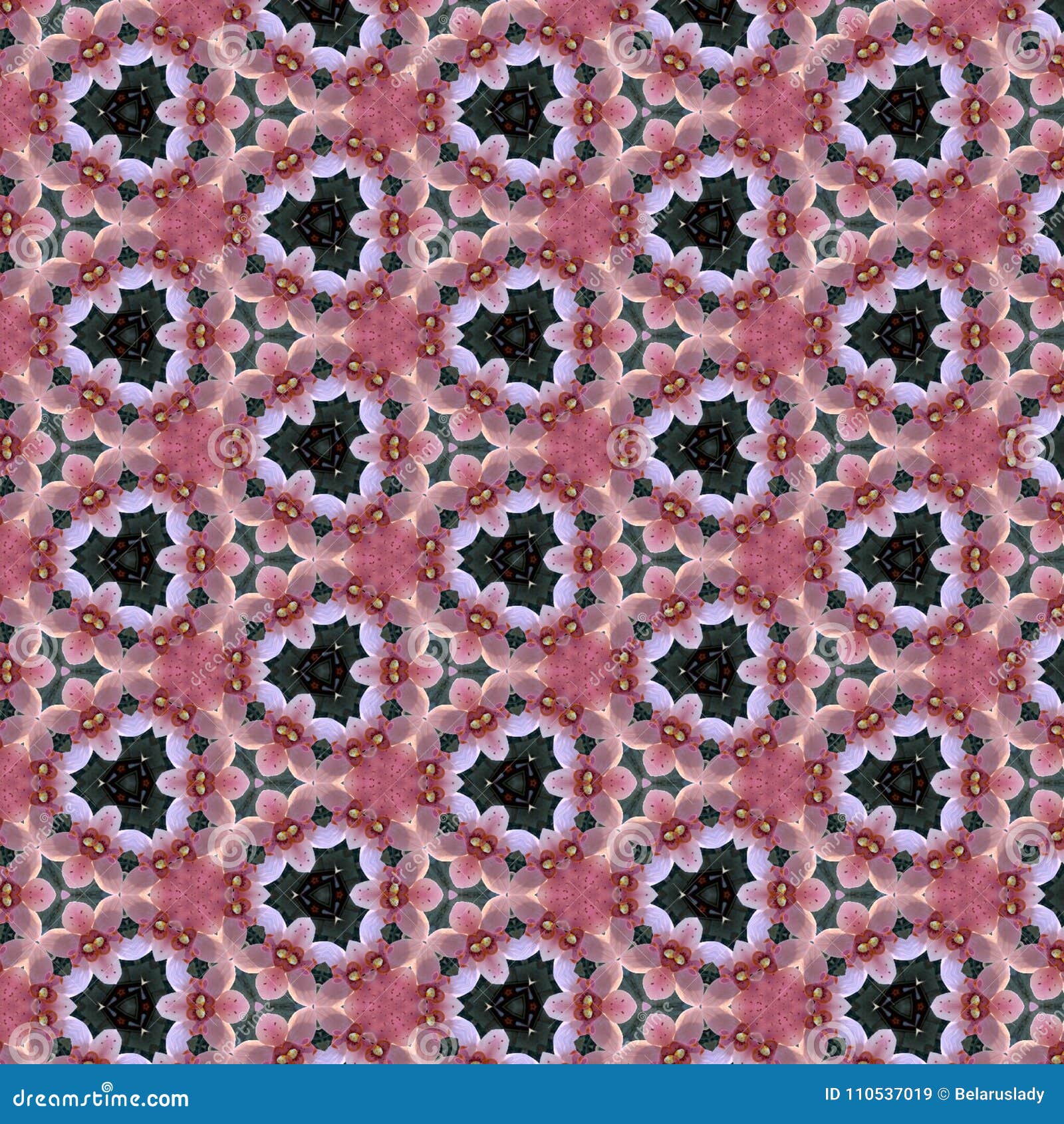 Pretty Bright Abstract Mosaic Pattern with Pink Orchids on Geometrical ...