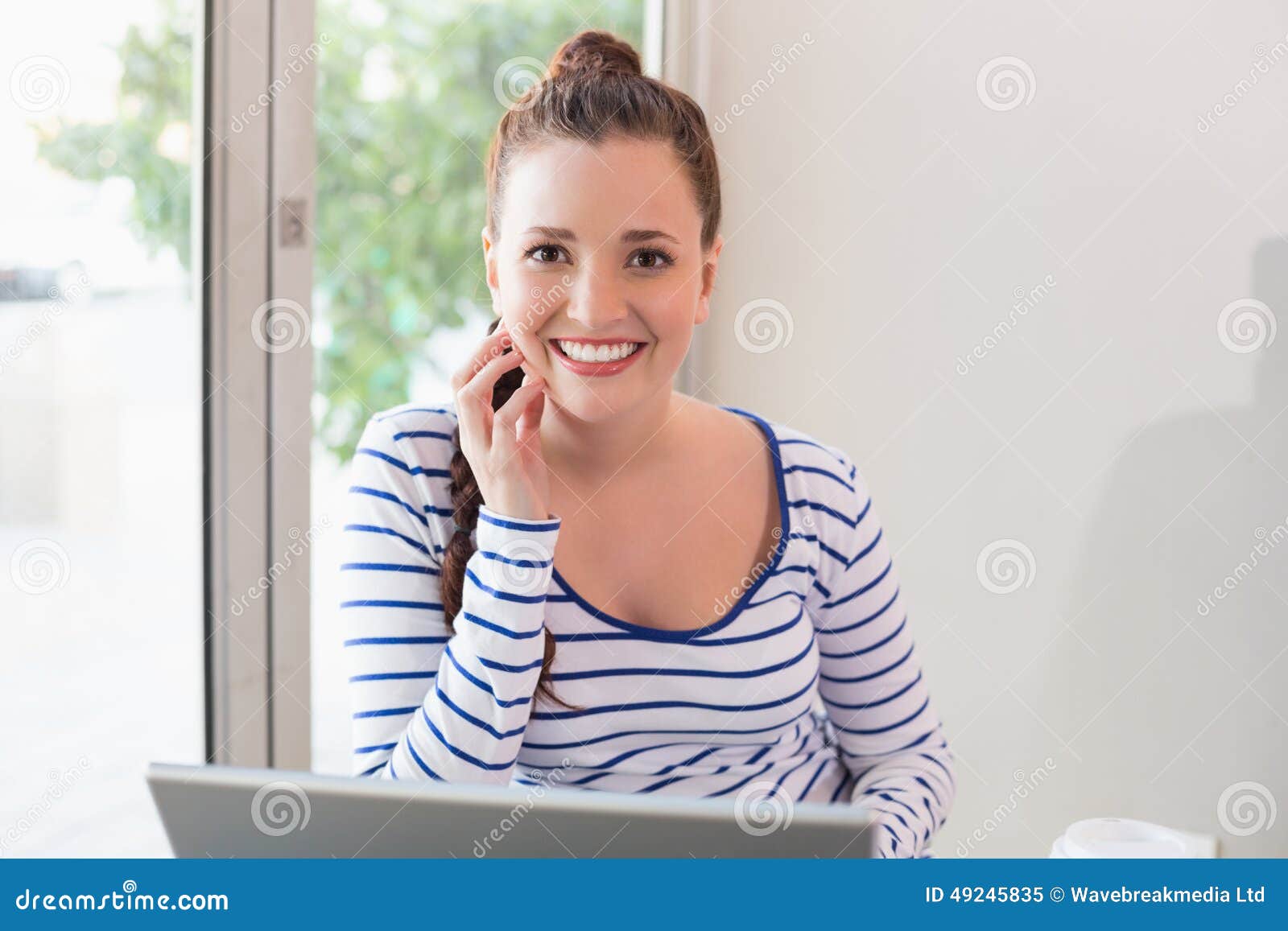 Pretty Brunette Catching Up on Work Stock Image - Image of coffee ...