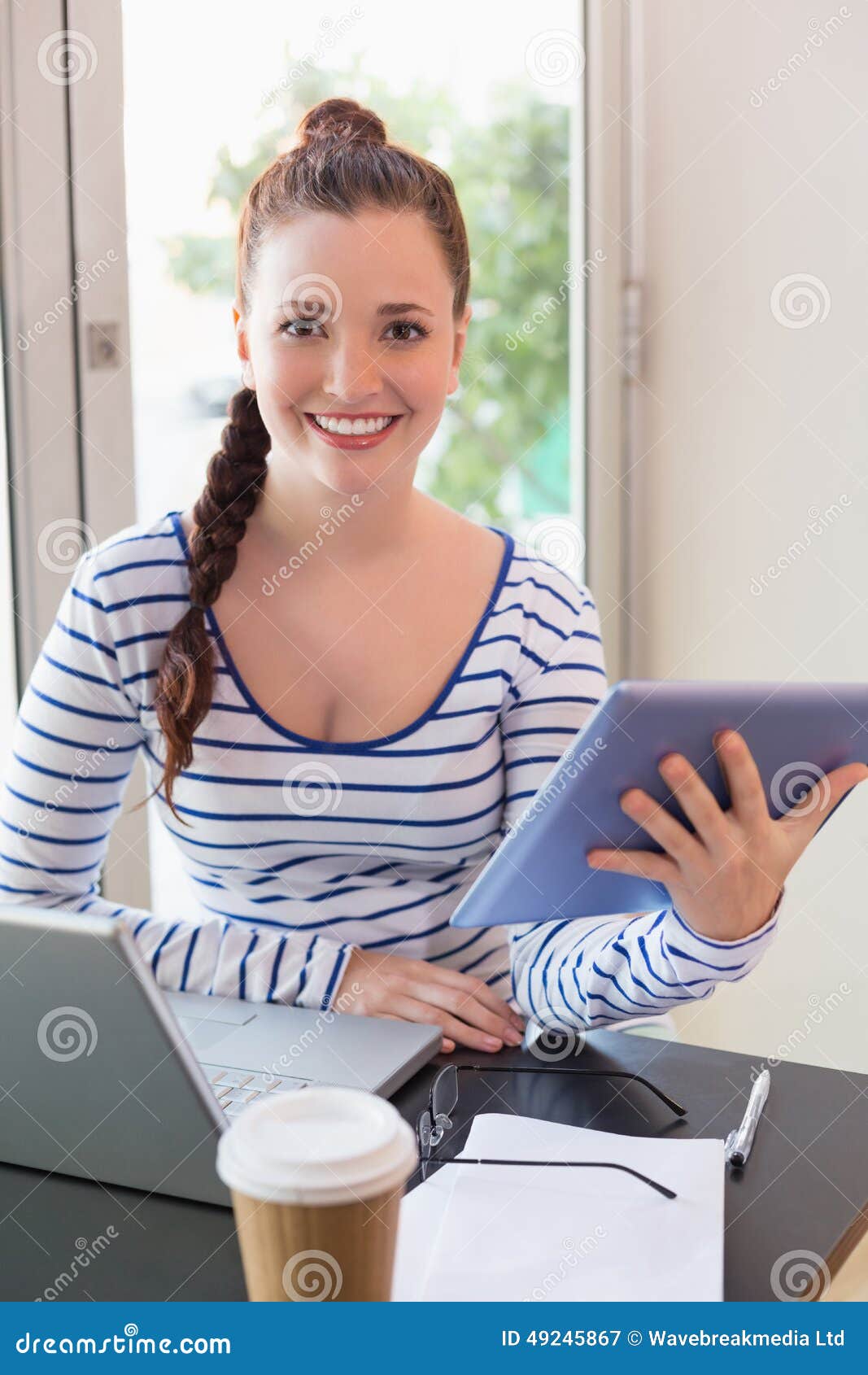 Pretty Brunette Catching Up on Work Stock Image - Image of girl, happy ...
