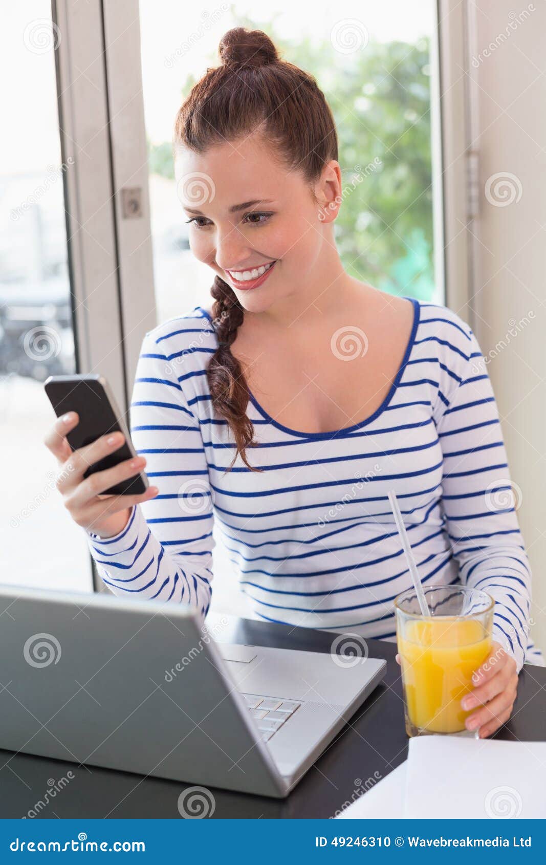 Pretty Brunette Catching Up on Work Stock Photo - Image of girl, food ...