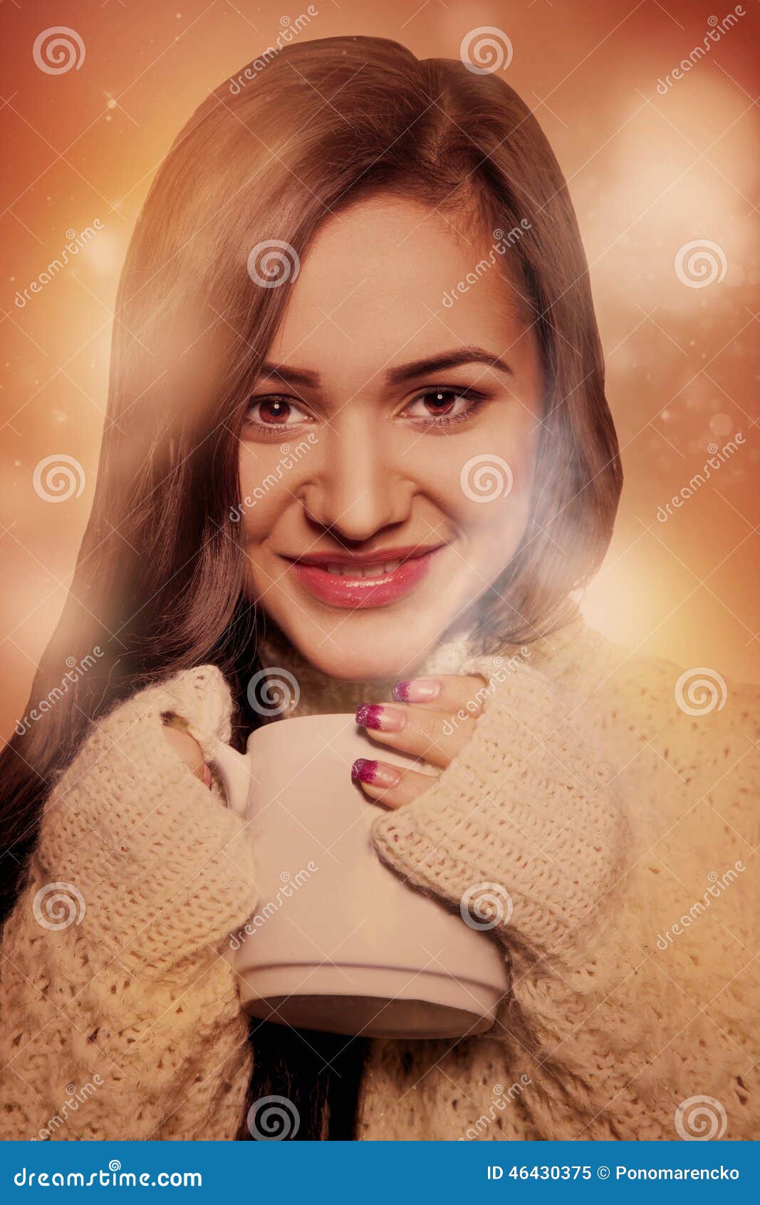 Pretty Brunette with Cup of Tea Looking at Camera Stock Image - Image ...