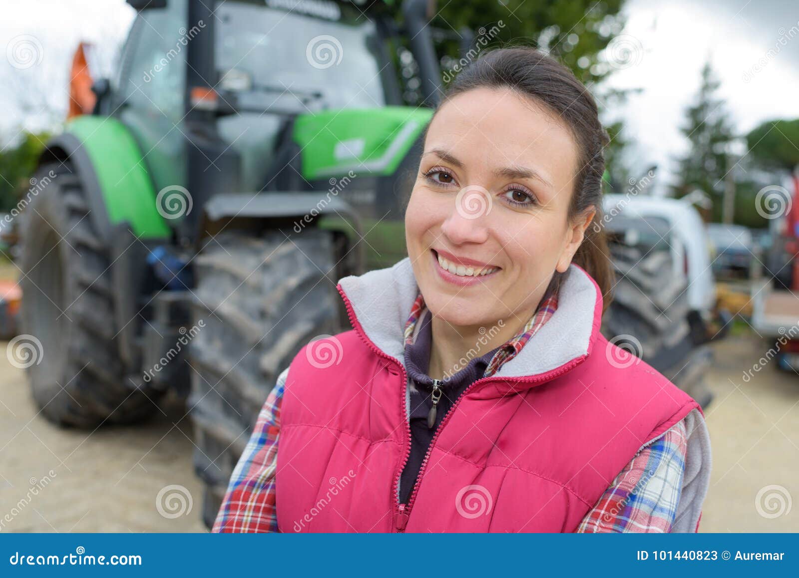 Pretty Brunette Farmer Posing in Front Tractor Stock Image - Image of ...