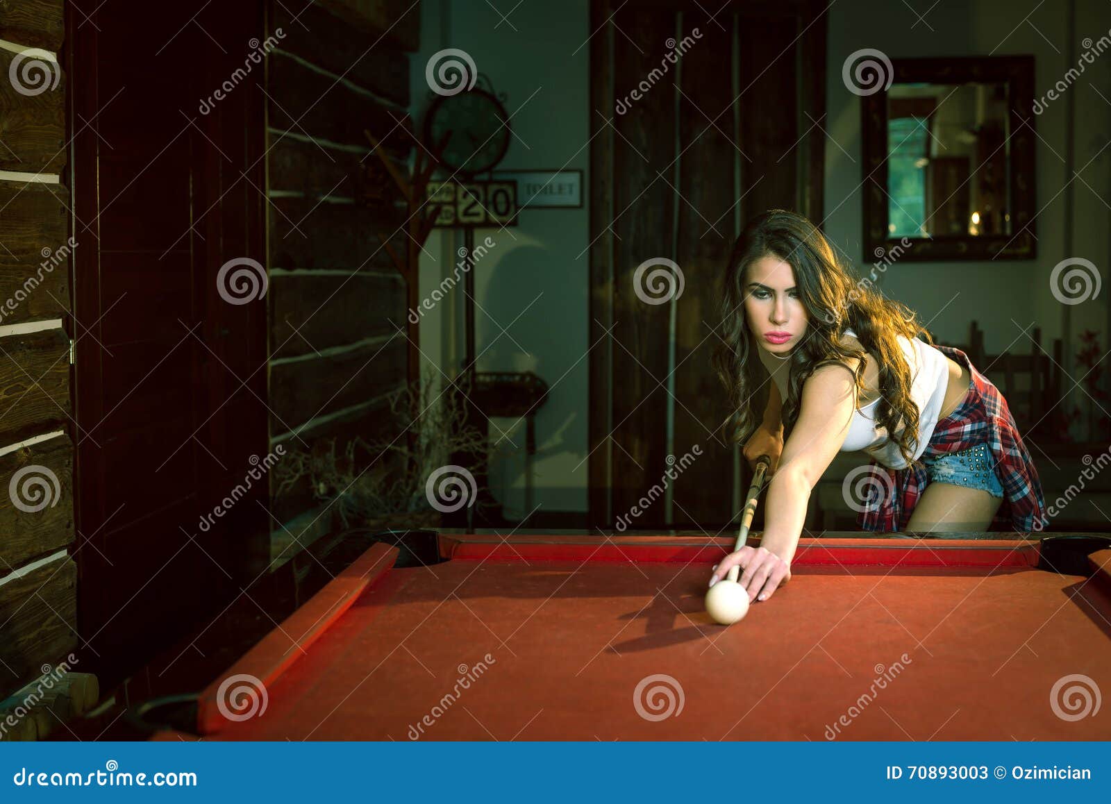 Pretty Brunette Girl Playing Billiard Indoors Stock Image Image Of