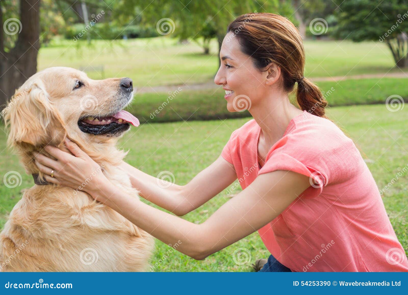 Pretty Brunette with Her Dog in the Park Stock Photo - Image of animal ...