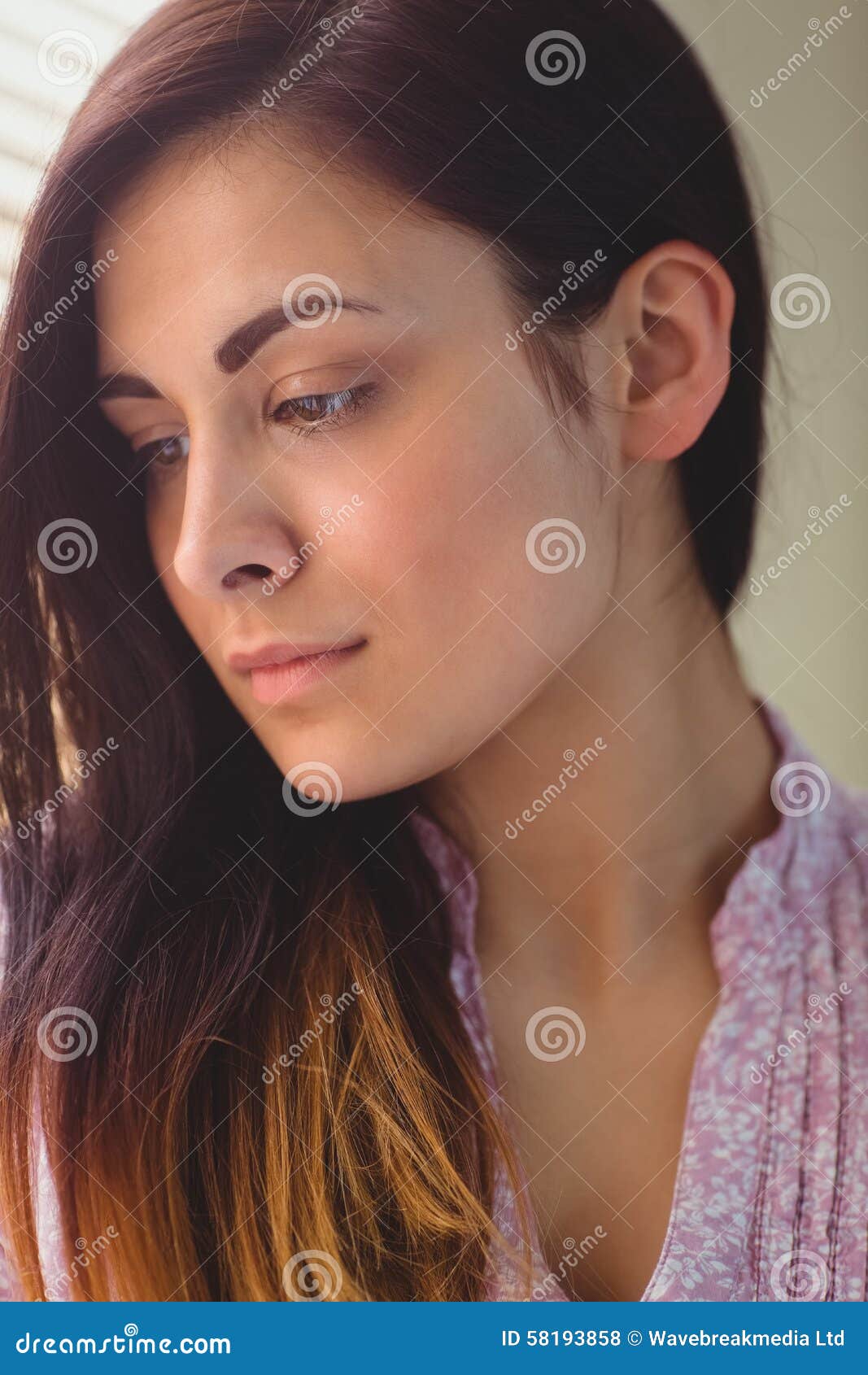 Pretty Brunette Looking Down Stock Photo - Image of person, blinds ...
